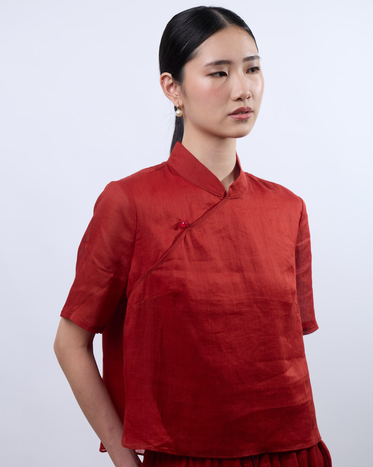Short Sleeve Ramie Cheongsam Top in Brick Red l You Living | You Living 悠生活